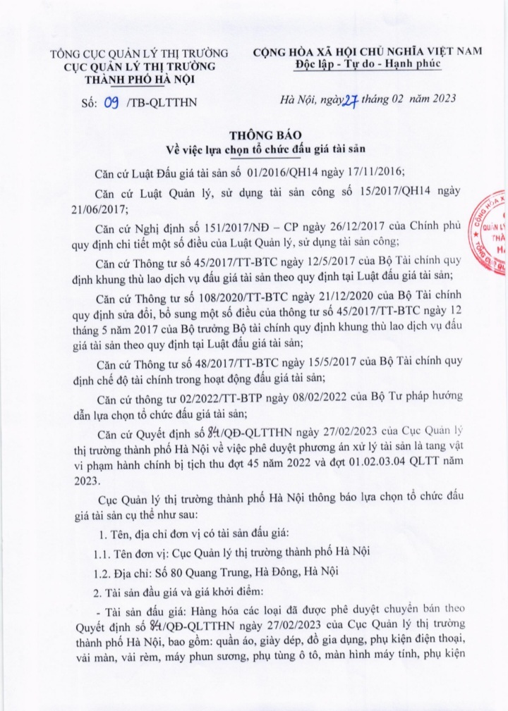 QLTT Hà Nội: Thông báo việc lựa chọn tổ chức đấu giá tài sản. - Cục ...